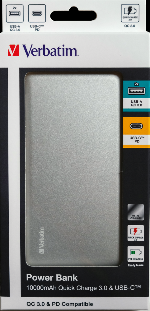 VERBATIM POWER-BANK 10000mAh QC-3 & USB-C METAL
